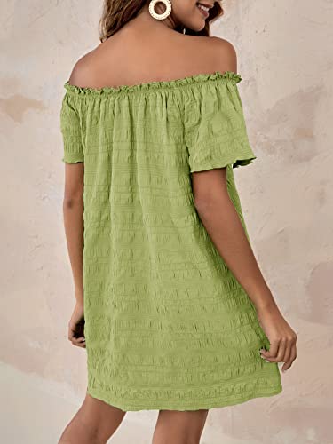 SOLY HUX Women's Sundress Off The Shoulder Short Sleeve A Line Tunic Mini Dress Solid Lime Green S