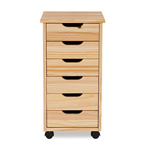 Linon Callie Multipurpose Six Drawer Natural Wood Rolling Storage Cart with Casters in Brown