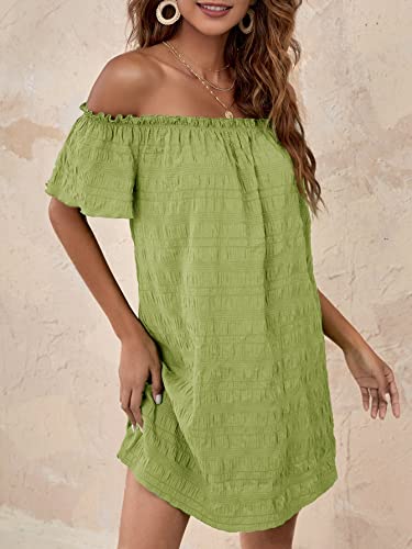 SOLY HUX Women's Sundress Off The Shoulder Short Sleeve A Line Tunic Mini Dress Solid Lime Green S