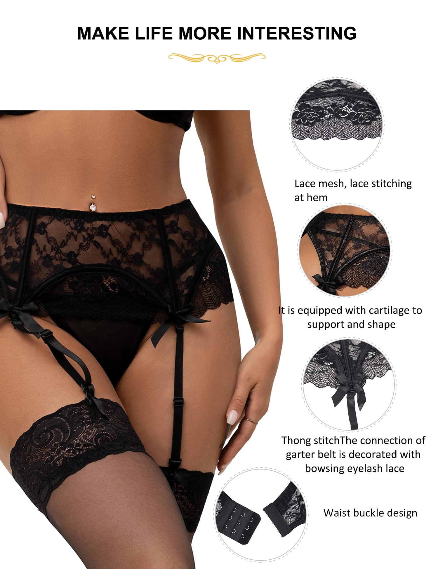 ohmydear Lace Garter Belts Plus Size Mesh Suspender Belt Sets with 4 Straps for Thigh High Stockings Black 3XL-4XL