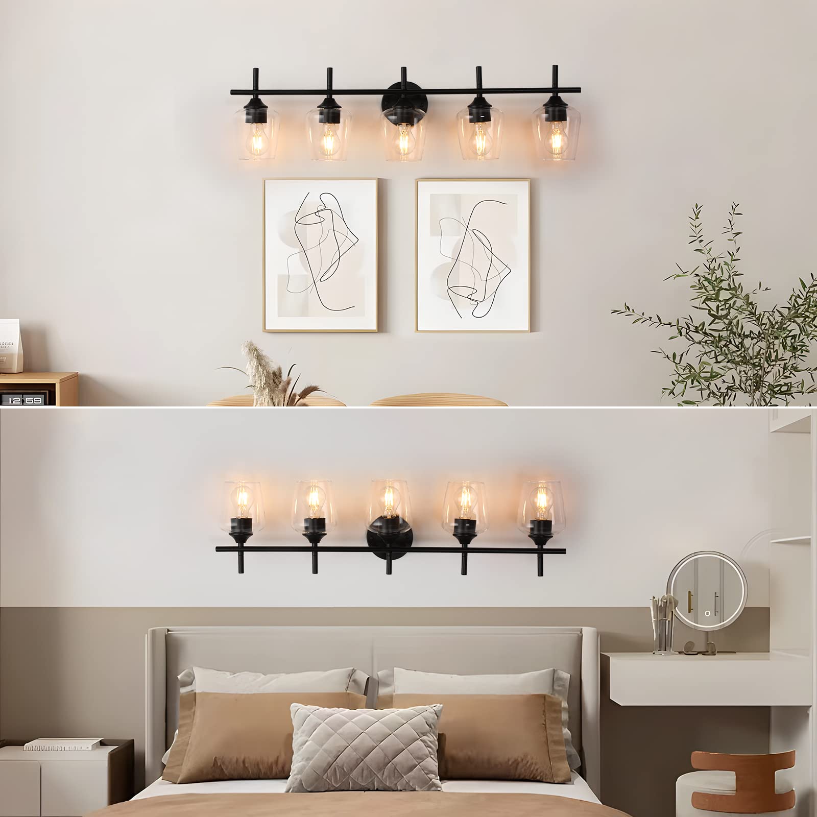 foucasal Black Bathroom Light Fixtures 5-Light Bathroom Vanity Light with Clear Glass Shade, Industrial Matte Bathroom Wall Lights for Bathroom Bedroom Hallway Living Room (E26 Base)