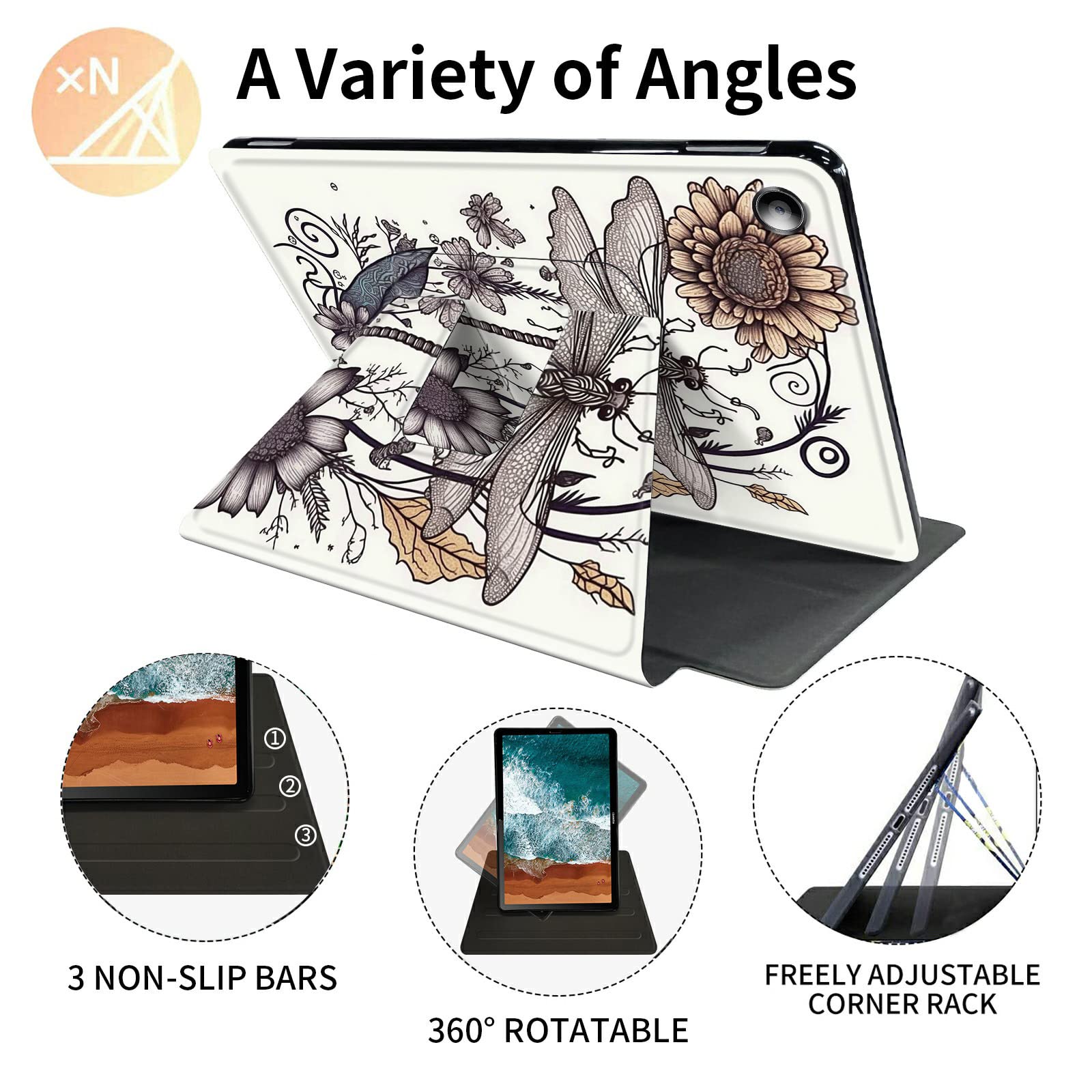 FUYOCWE Case for Samsung Galaxy Tab A8 Case 10.5 Inch Tablet 2022 Model SM-X200/X205/X207,360 Degree Rotating Swivel Anti Slide Stand Flip Smart Cover Case-Dragonfly Flower Drawing yyyy