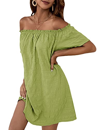 SOLY HUX Women's Sundress Off The Shoulder Short Sleeve A Line Tunic Mini Dress Solid Lime Green S