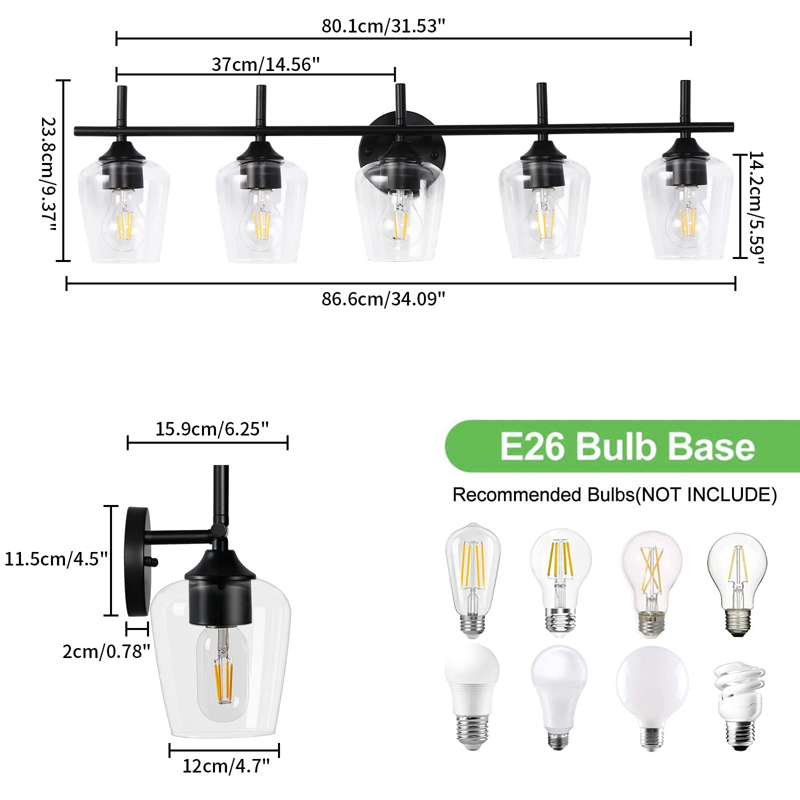 foucasal Black Bathroom Light Fixtures 5-Light Bathroom Vanity Light with Clear Glass Shade, Industrial Matte Bathroom Wall Lights for Bathroom Bedroom Hallway Living Room (E26 Base)