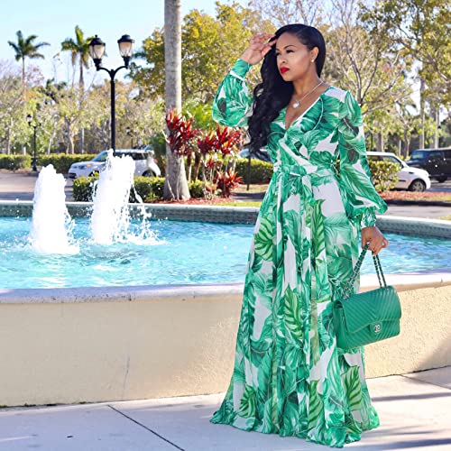 BOGURST Women's Hawaiian Dresses for Women Plus Size Summer V Neck Chiffon Maxi Dress Beach Sundresses Green XL