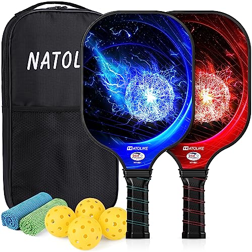 NATOLIKE Pickleball Paddles, USAPA Approved Lightweight Pickleball Paddles Set of 4, Fiberglass Surface & Polypropylene Core Pickleball Set, 4 Pickleball Rackets, 4 Balls, 4 Cooling Towels & Carry Bag