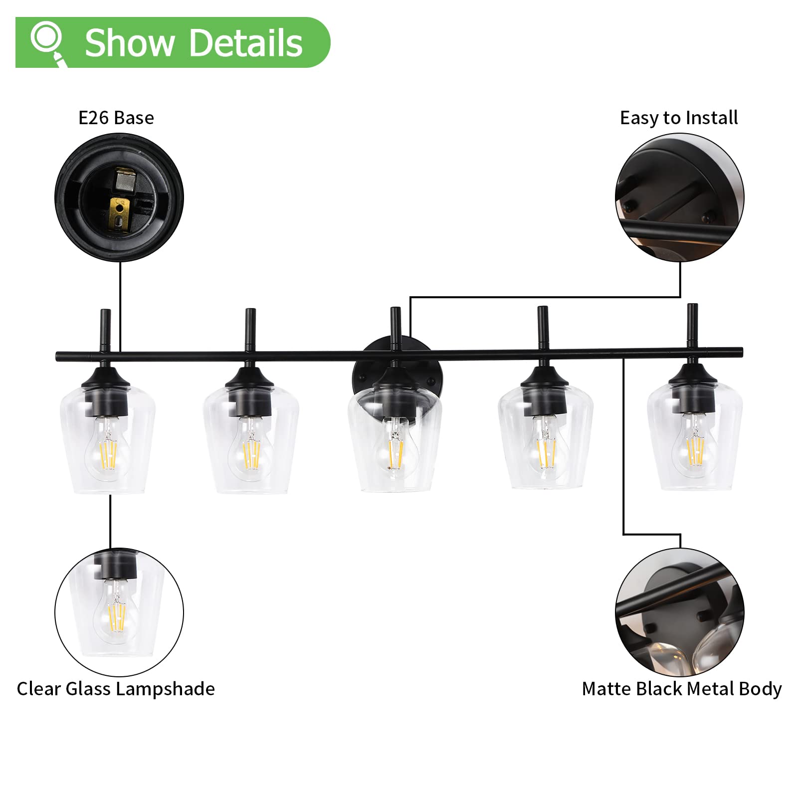 foucasal Black Bathroom Light Fixtures 5-Light Bathroom Vanity Light with Clear Glass Shade, Industrial Matte Bathroom Wall Lights for Bathroom Bedroom Hallway Living Room (E26 Base)