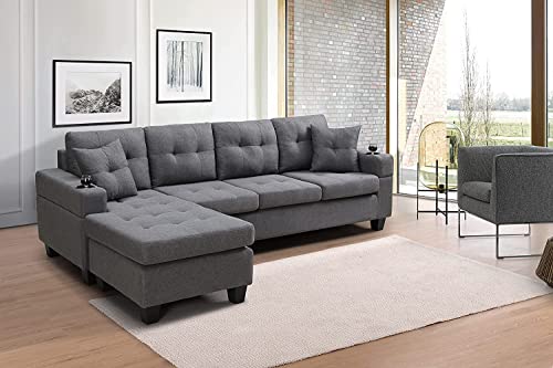 EMKK Living Room Furniture Sets,Sectional L Shaped Couch Sofa with 2 Pillows Left/Right Chaise Longue, Modular Upholstered Convertible Corner Sofá with Armrest Storage for Apartment, Black a