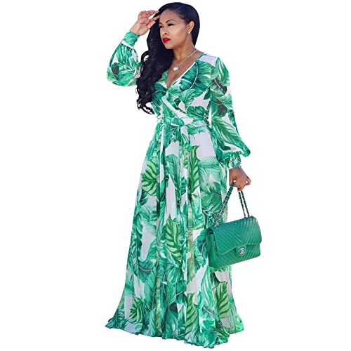 BOGURST Women's Hawaiian Dresses for Women Plus Size Summer V Neck Chiffon Maxi Dress Beach Sundresses Green XL