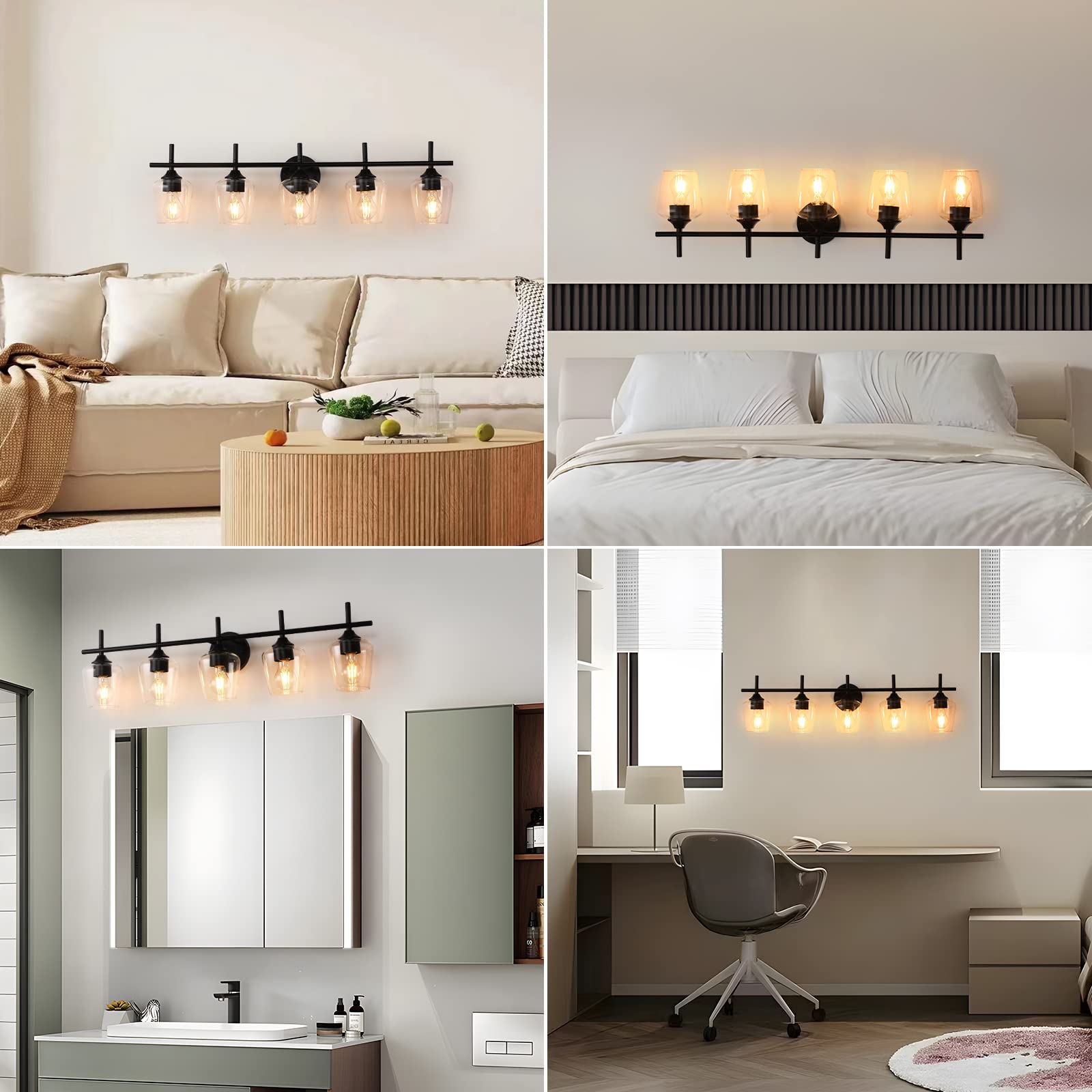 foucasal Black Bathroom Light Fixtures 5-Light Bathroom Vanity Light with Clear Glass Shade, Industrial Matte Bathroom Wall Lights for Bathroom Bedroom Hallway Living Room (E26 Base)