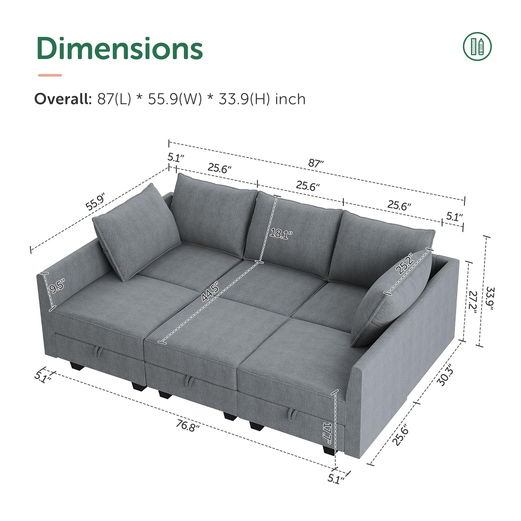 HONBAY Modular Sectional Sleeper Sofa with Storage U-Shape Modular Sectional Sofa with Ottomans Sleeper Sectional Couch for Living Room, Bluish Grey
