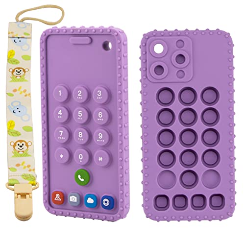 Whisary Mobile Phone Shape Teething Toys,Silicone Baby Teether Toys with Pacifier Clip for Babies 0-3 Months 3-6 Months,Baby Chew Toys Sensory Toys for Babies 6-18 Months Pack 1 (SJ-Purple)