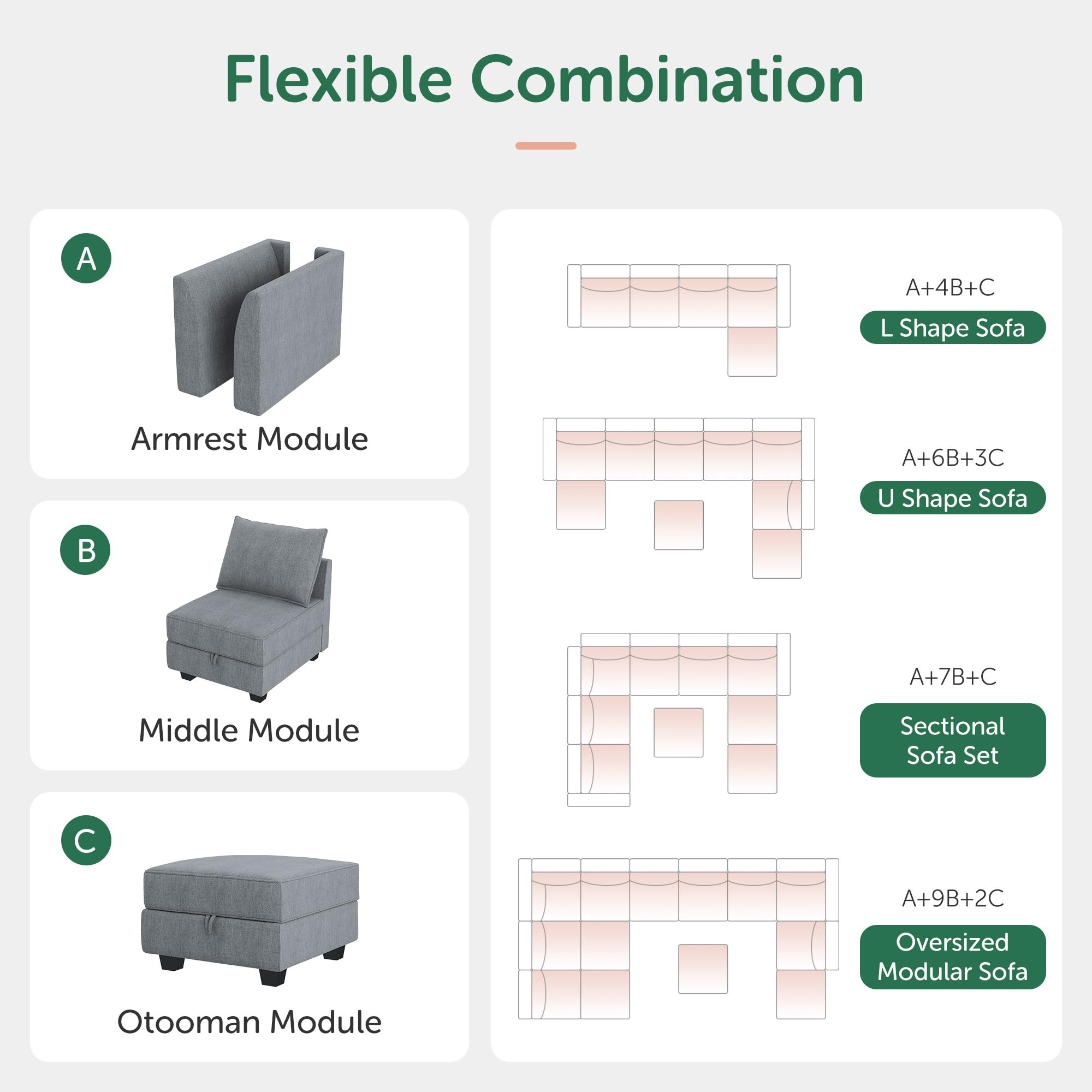 HONBAY Modular Sectional Sleeper Sofa with Storage U-Shape Modular Sectional Sofa with Ottomans Sleeper Sectional Couch for Living Room, Bluish Grey