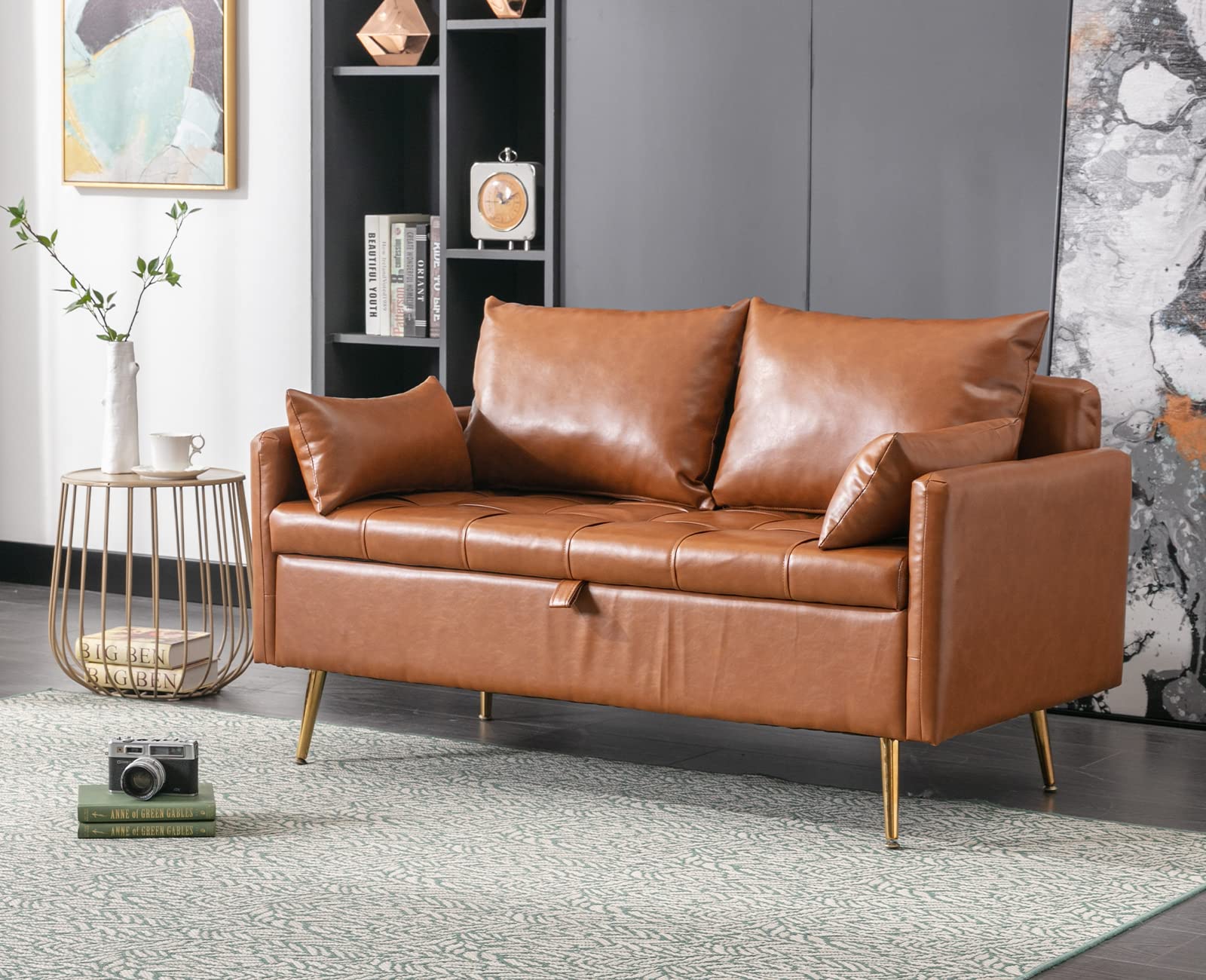 Kmax PU Leather Loveseat Sofa Chair Storage 52” Upholstered Couch Sofa with 4 Pillows Golden Legs for Living Room Small Space, Apartment, Bedroom, Dorm- Brown