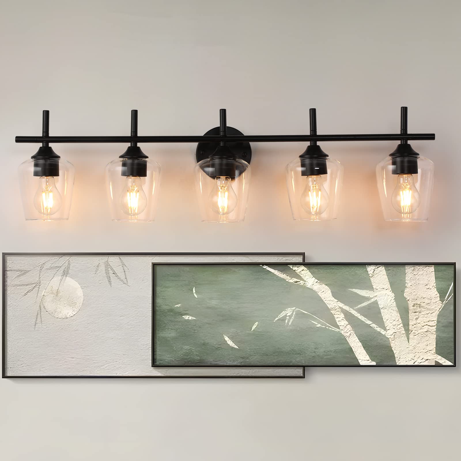 foucasal Black Bathroom Light Fixtures 5-Light Bathroom Vanity Light with Clear Glass Shade, Industrial Matte Bathroom Wall Lights for Bathroom Bedroom Hallway Living Room (E26 Base)