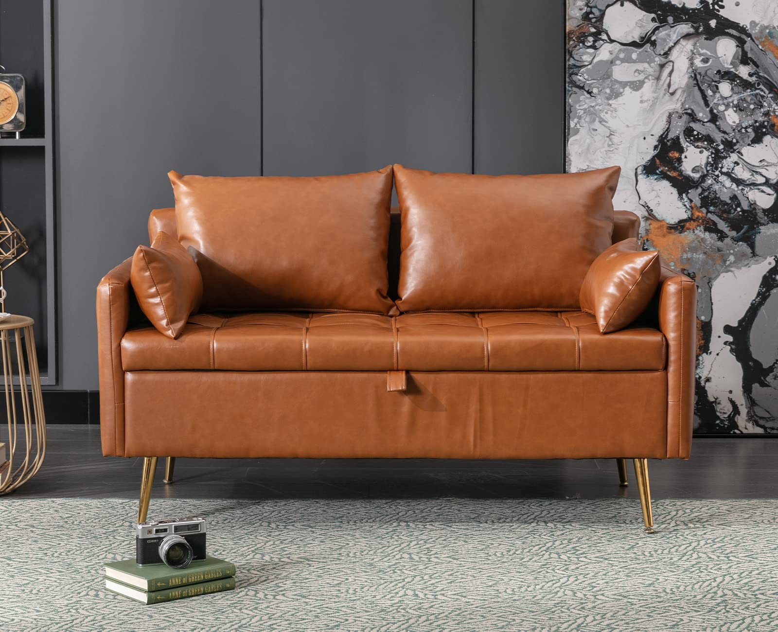 Kmax PU Leather Loveseat Sofa Chair Storage 52” Upholstered Couch Sofa with 4 Pillows Golden Legs for Living Room Small Space, Apartment, Bedroom, Dorm- Brown