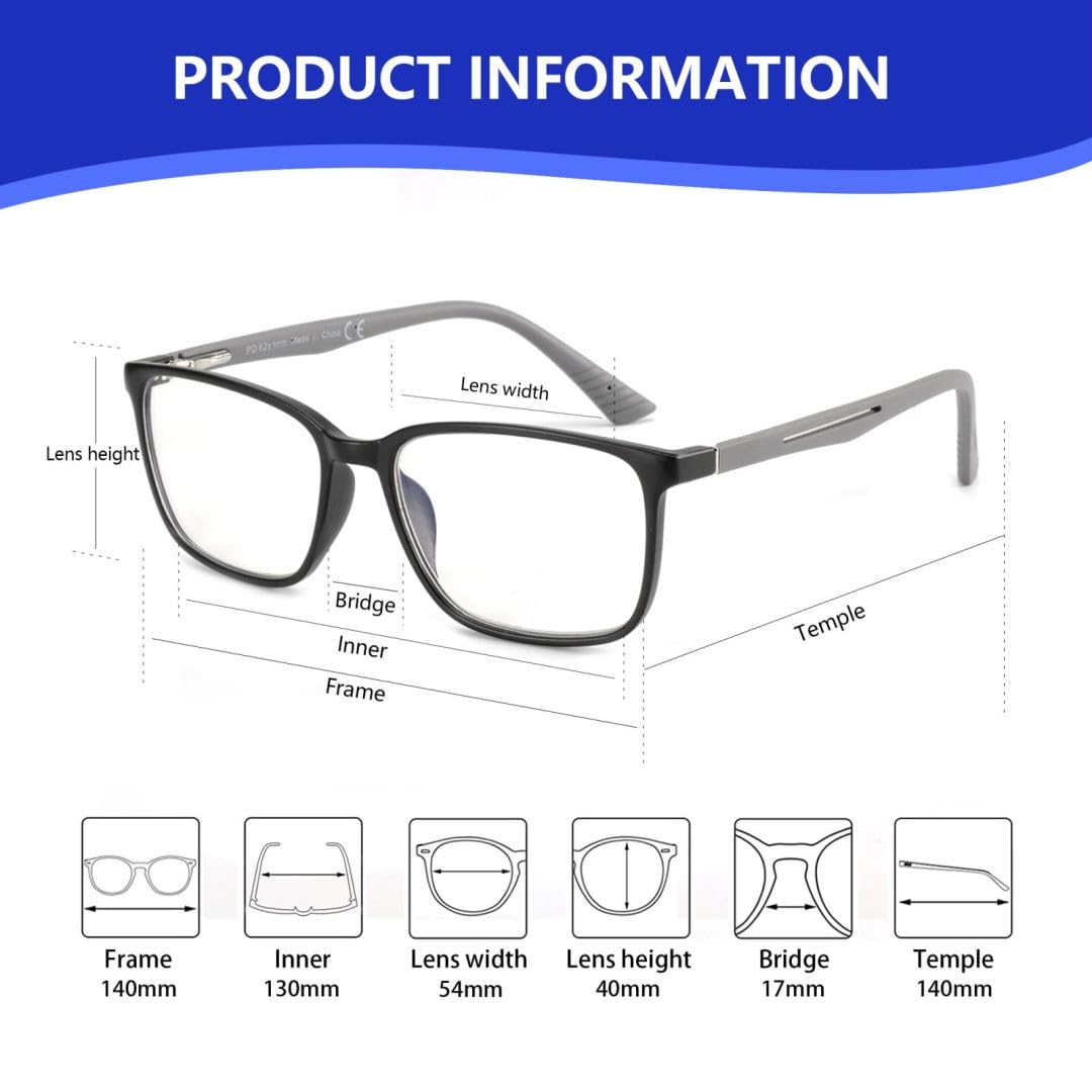 BLUEMOKY Blue Light Reading Glasses for Men,Sport Square Frame Readers, Anti Glare Computer Glasses(Black,1.25)