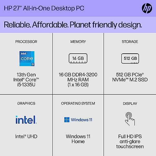 HP 27 inch All-in-One Desktop PC, FHD Display, 13th Gen Intel Core i5-1335U, 16 GB RAM, 512 GB SSD, Intel UHD Graphics, Windows 11 Home, 27-cr0070 (2023)
