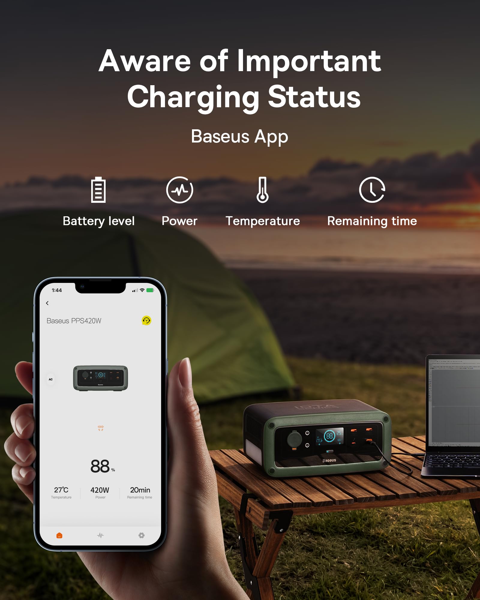 Baseus Portable Power Station ioTa 420W, 288Wh Solar Generator with 90000mAh LiFePO4 Backup Battery, 140W PD3.1 Fast Charging, 2 AC Outlets, LED Light for Outdoor Camping, RVs, CPAP, Home Emergency