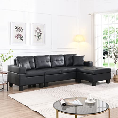 EMKK Living Room Furniture Sets,Sectional L Shaped Couch Sofa with 2 Pillows Left/Right Chaise Longue, Modular Upholstered Convertible Corner Sofá with Armrest Storage for Apartment, Black a