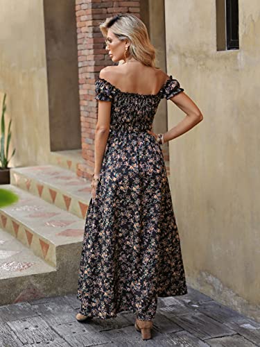 Floerns Women's Boho Ditsy Floral Print Off Shoulder Short Sleeve Split Maxi A Line Dress Black Floral Print L