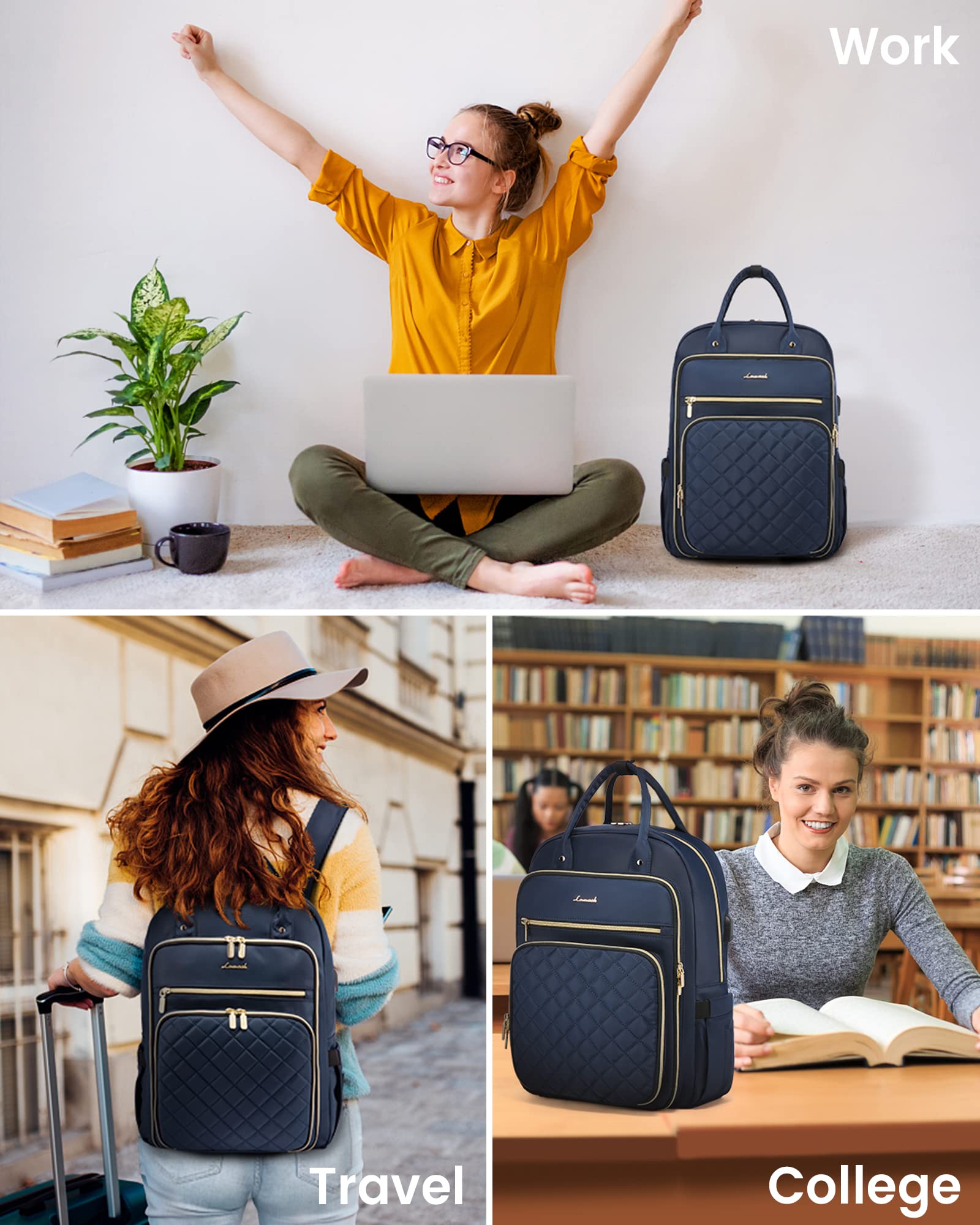 LOVEVOOK Laptop Backpack for Women, 15.6 Inch Computer Backpack for Teacher Nurse with Water Resistant, Lightweight Travel Work Backpack with USB Charging Port, Quilted Commuter Backpack purse, Blue