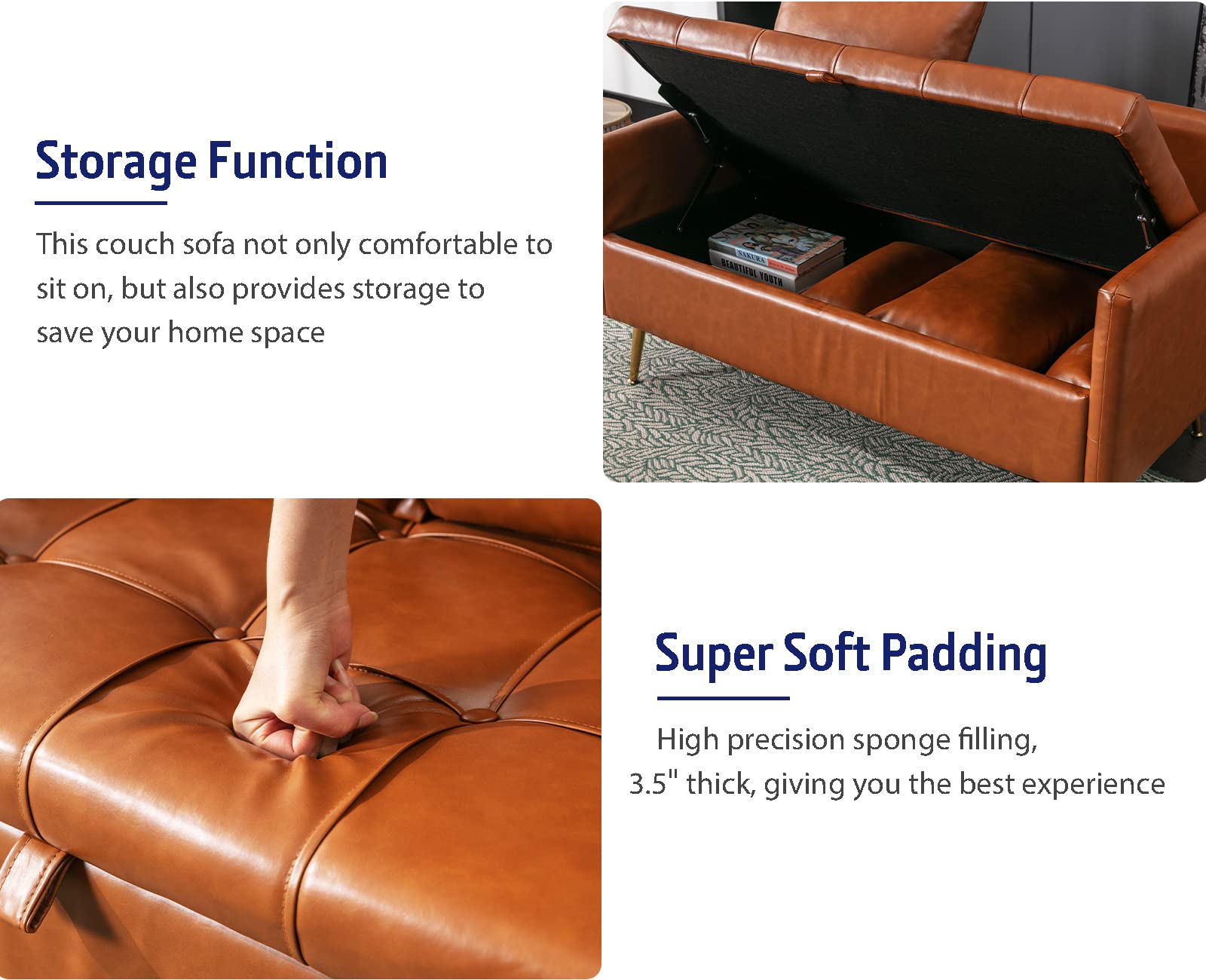 Kmax PU Leather Loveseat Sofa Chair Storage 52” Upholstered Couch Sofa with 4 Pillows Golden Legs for Living Room Small Space, Apartment, Bedroom, Dorm- Brown