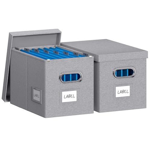 DYWMM Hanging File Box with Lid, Set of 2 Filing Organizer Storage Box, Linen Collapsible Decorative Office/Home File Cabinet (14x9.3x10.9 inch) (Light Gray)