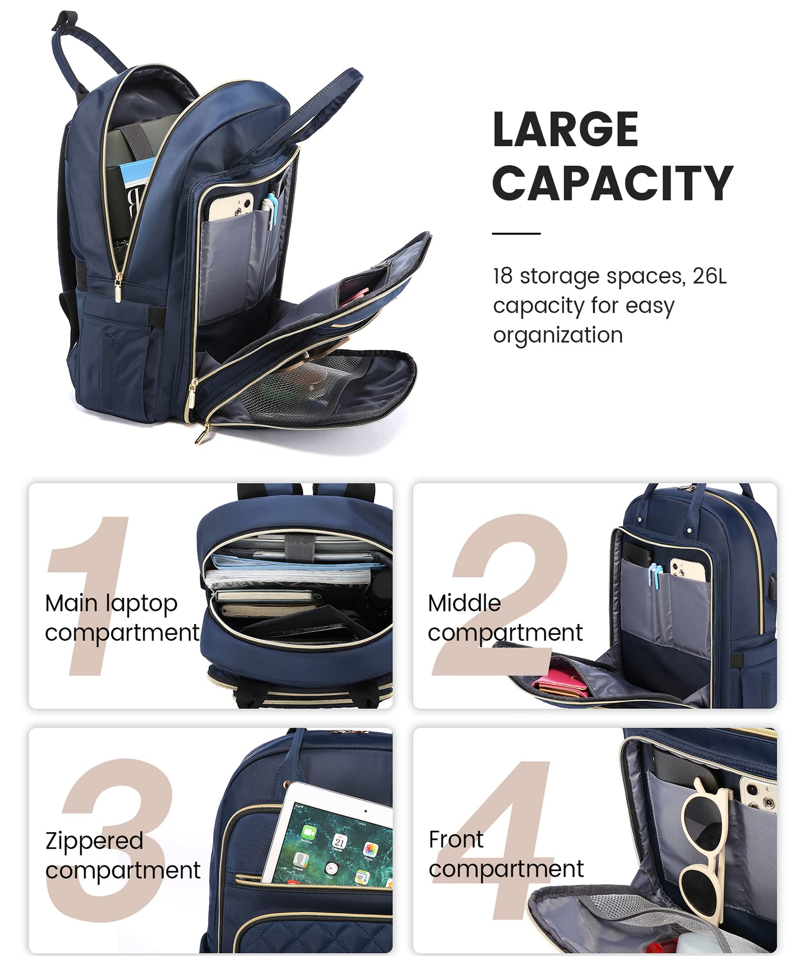 LOVEVOOK Laptop Backpack for Women, 15.6 Inch Computer Backpack for Teacher Nurse with Water Resistant, Lightweight Travel Work Backpack with USB Charging Port, Quilted Commuter Backpack purse, Blue