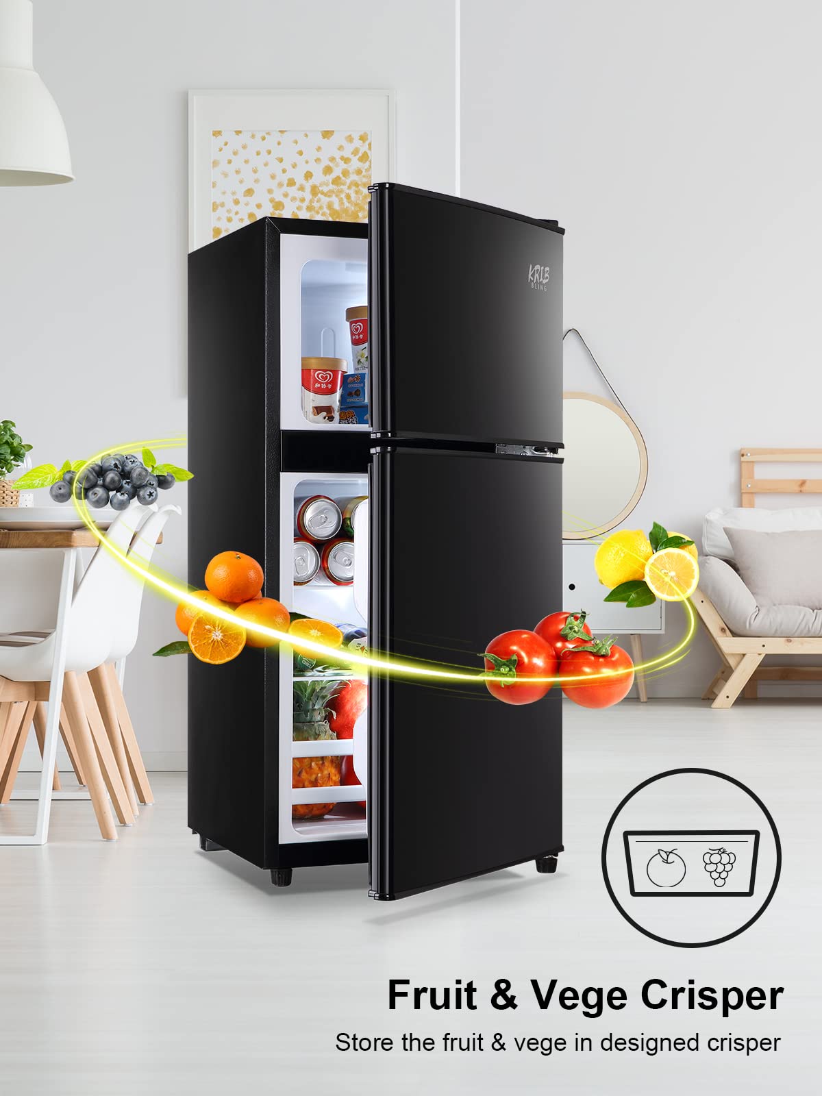 KRIB BLING 3.5 Cu.Ft Refrigerator 2 Door 7 Level Adjustable Thermostat Control Top-Freezer Refrigerator Lock Fresh Energy Saving Black (KB03-FLS-80-BLACK)