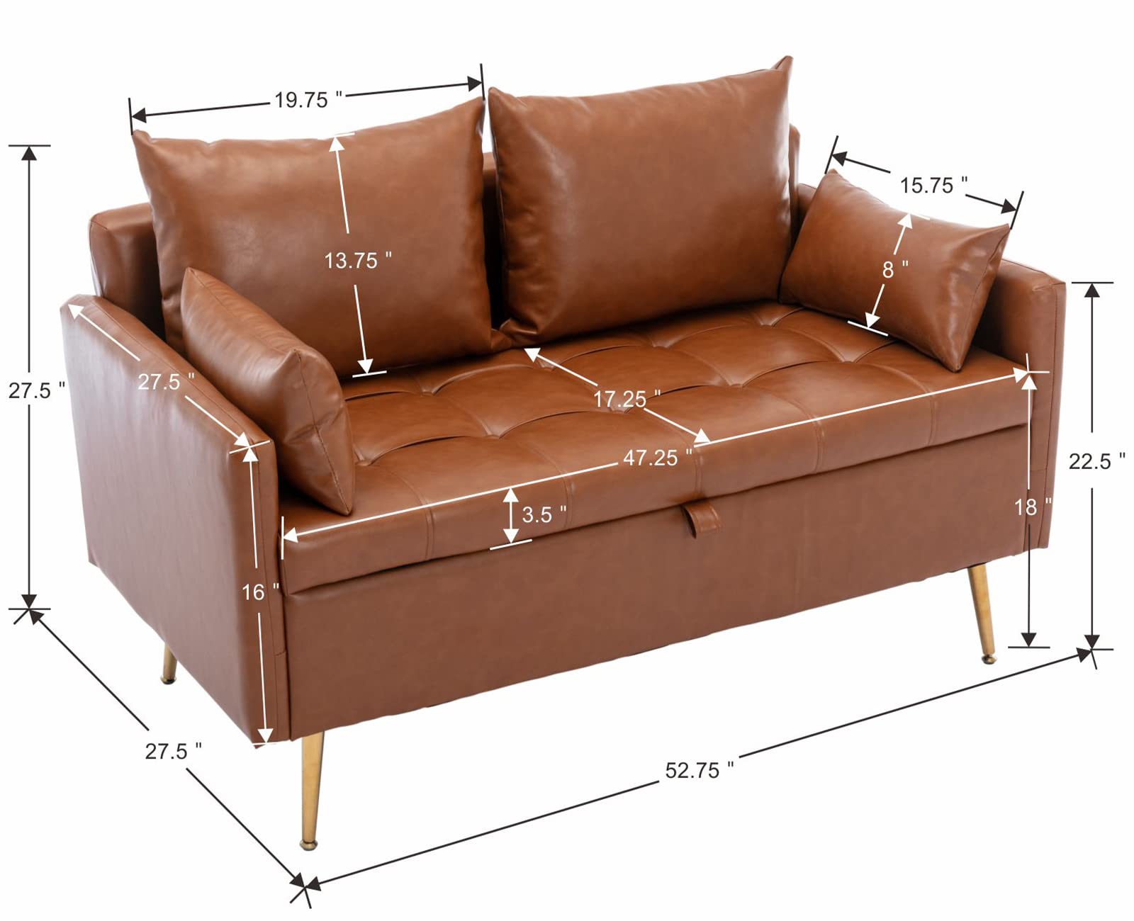Kmax PU Leather Loveseat Sofa Chair Storage 52” Upholstered Couch Sofa with 4 Pillows Golden Legs for Living Room Small Space, Apartment, Bedroom, Dorm- Brown