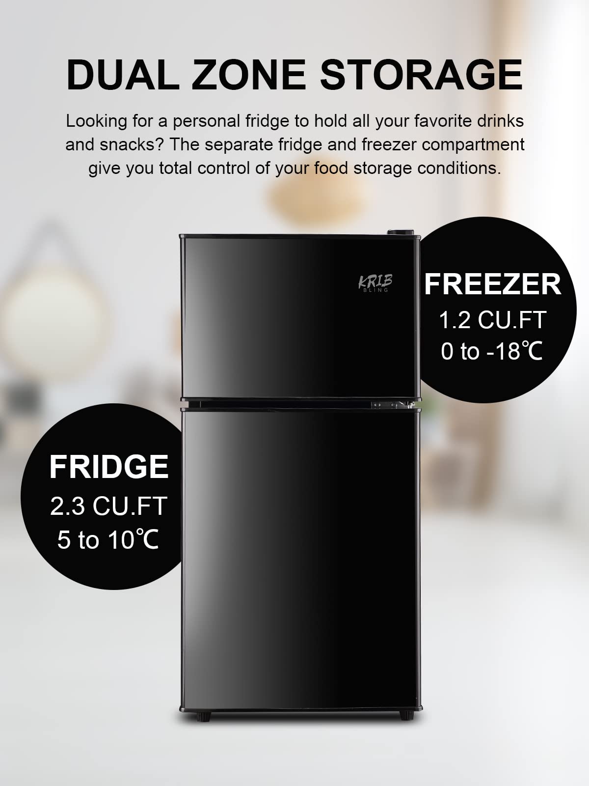 KRIB BLING 3.5 Cu.Ft Refrigerator 2 Door 7 Level Adjustable Thermostat Control Top-Freezer Refrigerator Lock Fresh Energy Saving Black (KB03-FLS-80-BLACK)