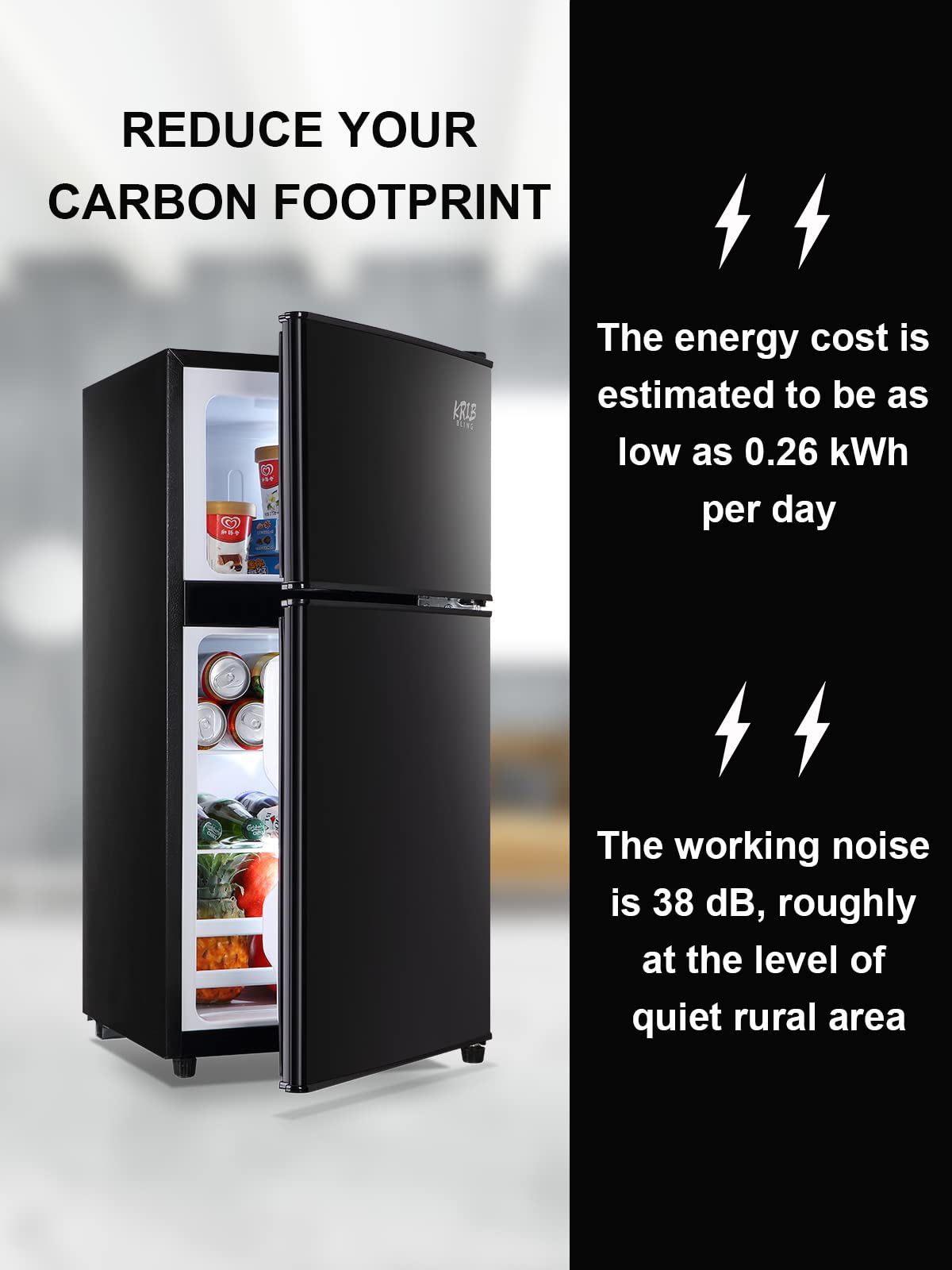 KRIB BLING 3.5 Cu.Ft Refrigerator 2 Door 7 Level Adjustable Thermostat Control Top-Freezer Refrigerator Lock Fresh Energy Saving Black (KB03-FLS-80-BLACK)