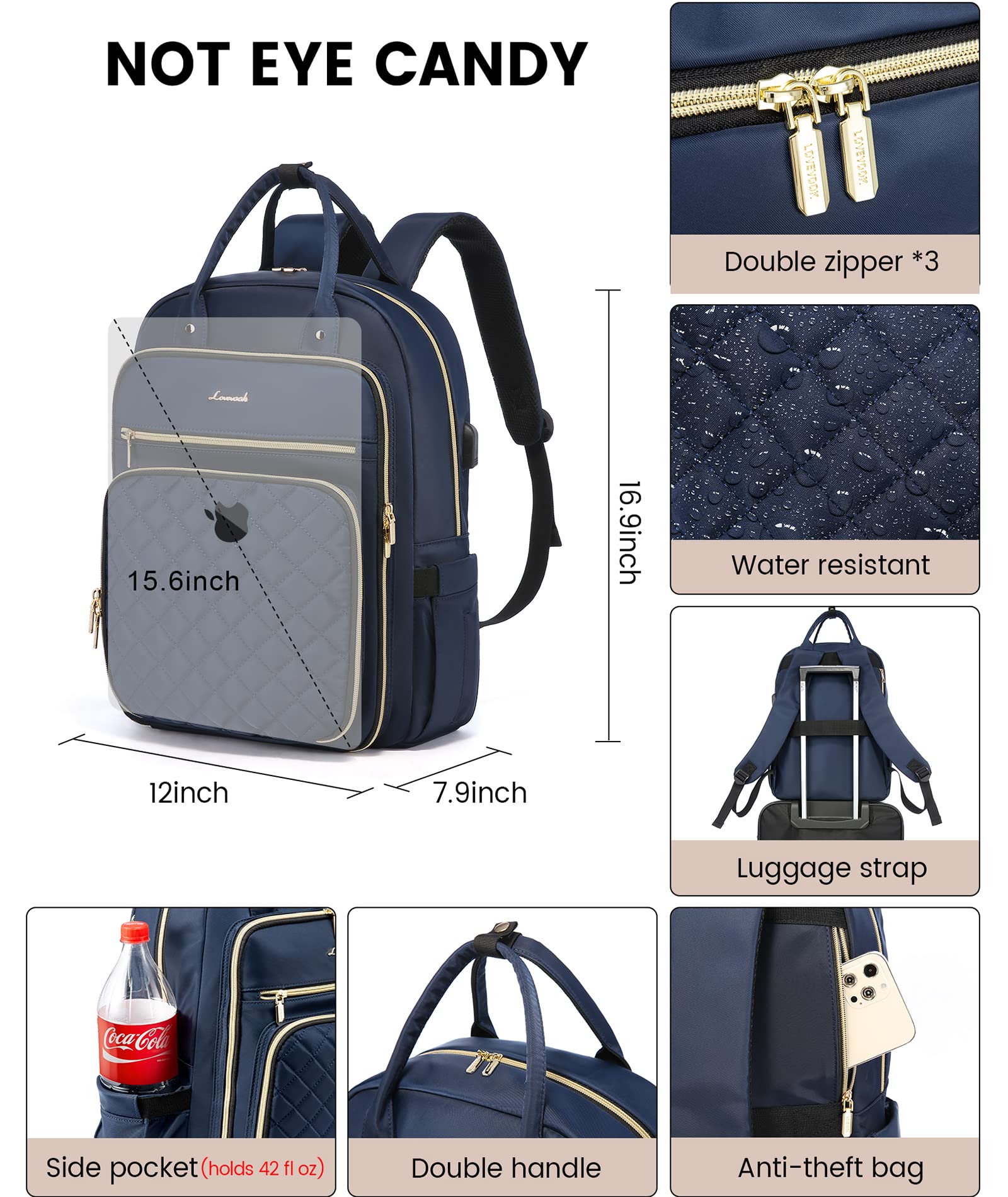 LOVEVOOK Laptop Backpack for Women, 15.6 Inch Computer Backpack for Teacher Nurse with Water Resistant, Lightweight Travel Work Backpack with USB Charging Port, Quilted Commuter Backpack purse, Blue