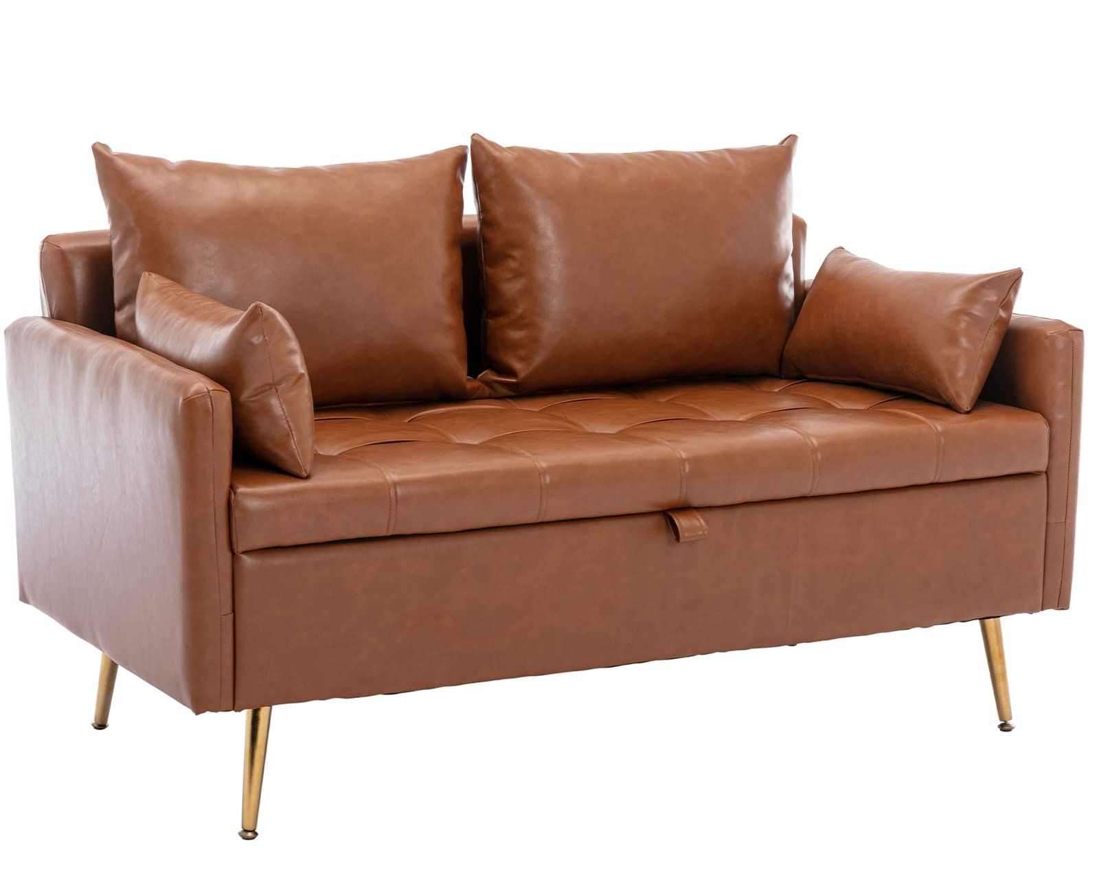 Kmax PU Leather Loveseat Sofa Chair Storage 52ā Upholstered Couch Sofa with 4 Pillows Golden Legs for Living Room Small Space, Apartment, Bedroom, Dorm- Brown