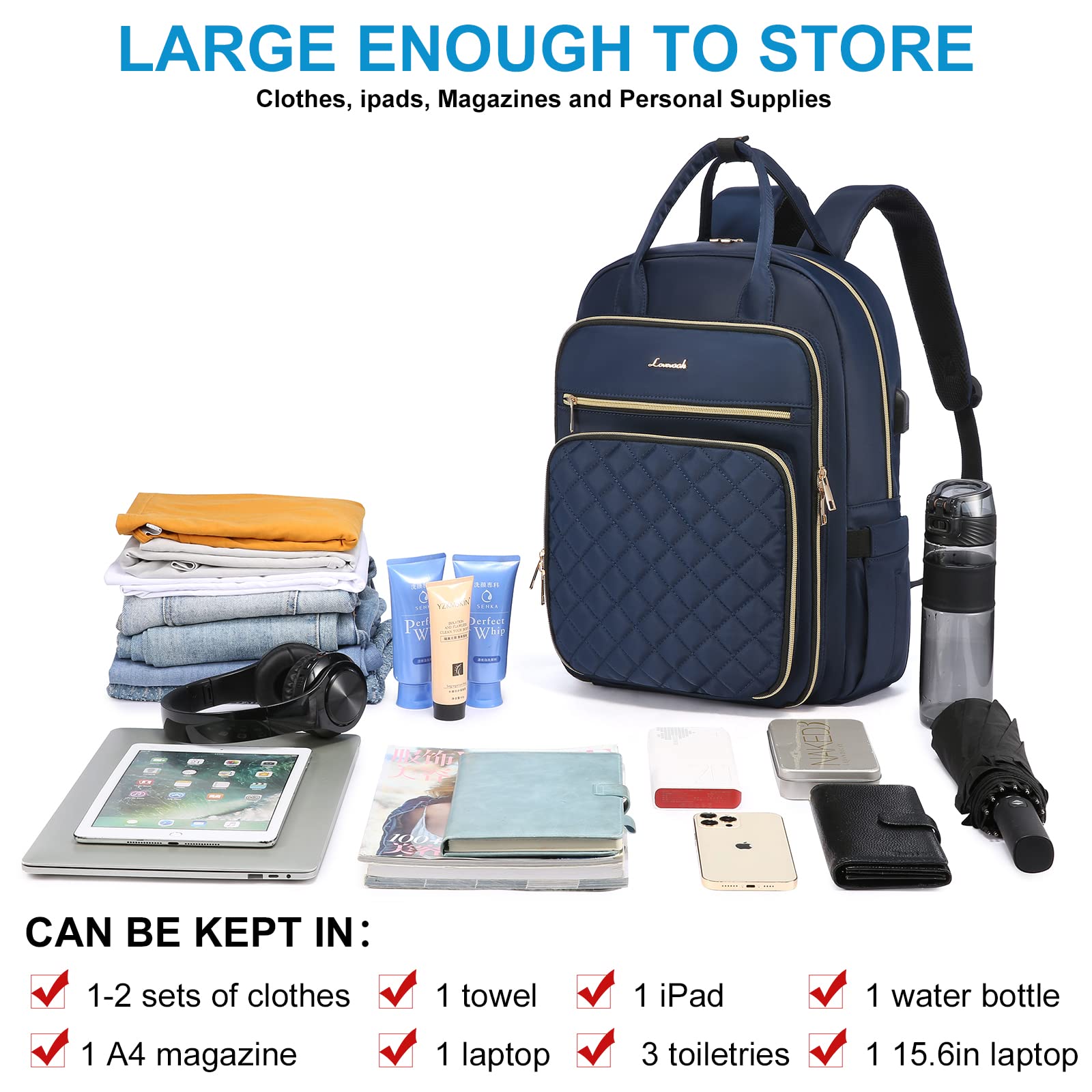 LOVEVOOK Laptop Backpack for Women, 15.6 Inch Computer Backpack for Teacher Nurse with Water Resistant, Lightweight Travel Work Backpack with USB Charging Port, Quilted Commuter Backpack purse, Blue