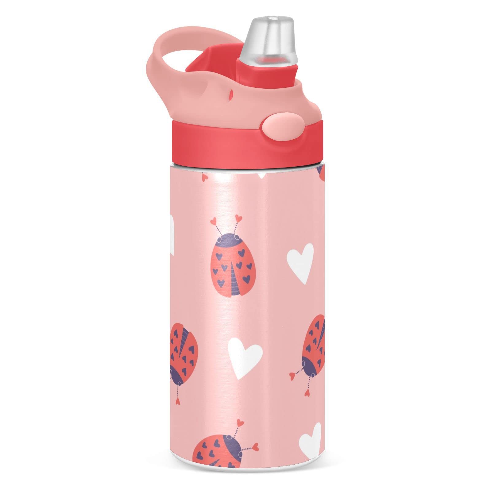 ALAZA Ladybug White Hearts Kids Water Bottles with Lids Straw Insulated Stainless Steel Water Bottles Double Walled Leakproof Tumbler Travel Cup for Girls Boys Toddlers 12 oz,Pink