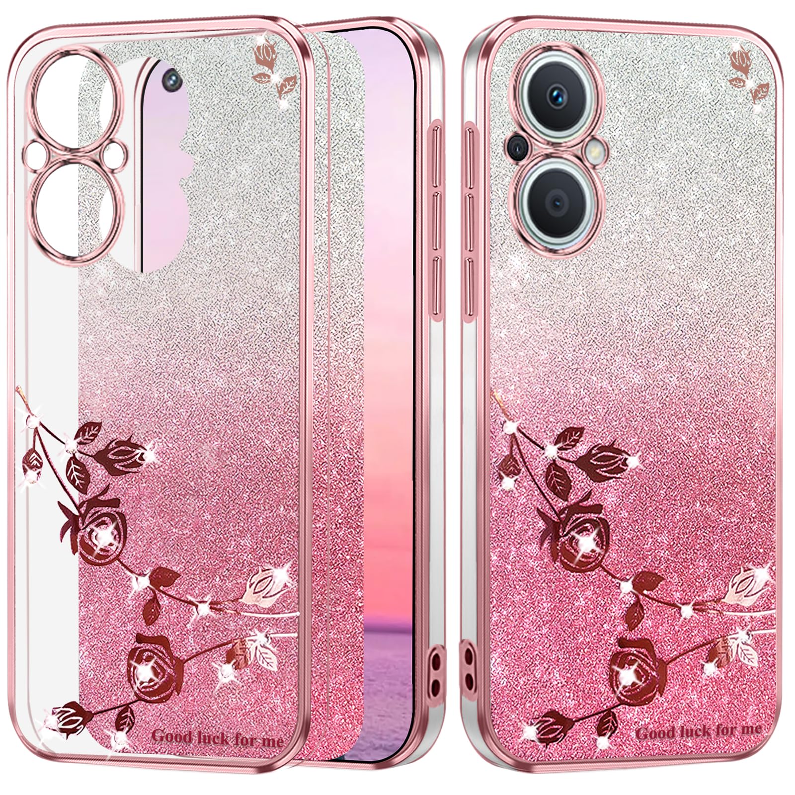 Yarxiawin for Oneplus Nord N20 5g Case Clear Glitter Glossy, Aesthetic Oneplus Nord N20 5g Phone Case Silicone Soft Flower Shockproof Oppo Reno 8 Lite 5g Cover Purple Slim (Pink)