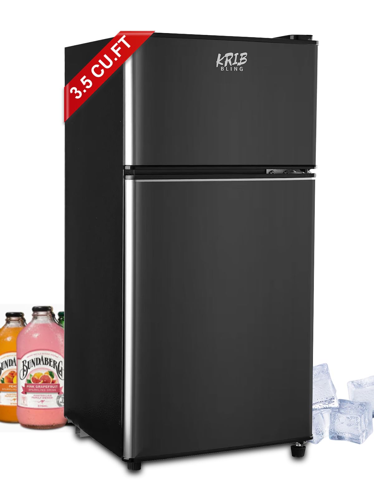 KRIB BLING 3.5 Cu.Ft Refrigerator 2 Door 7 Level Adjustable Thermostat Control Top-Freezer Refrigerator Lock Fresh Energy Saving Black (KB03-FLS-80-BLACK)