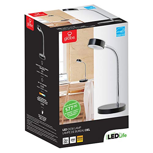 Globe Electric 12643 Energy Star Integrated LED Desk Lamp, Matte Black, Chrome Gooseneck, 5 Watts, 250 Lumens