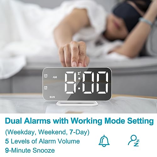 Slim LED Digital Alarm Clock, Mirror Surface for Makeup, with Diming, Large Display, Easy Setting, USB Ports, Modern Decor for Bedroom, Desk, Christmas, Birthday Gift for Women, Daughter, Girl, White