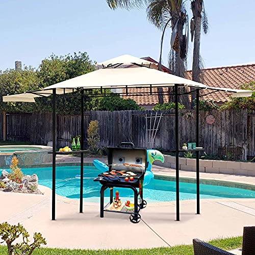 Morhome 12ft.lx4.3ft.w Iron Double Tiered Backyard Patio BBQ Grill Gazebo with Bar Counters Beige Modern Contemporary Polyester