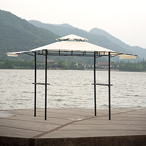 Morhome 12ft.lx4.3ft.w Iron Double Tiered Backyard Patio BBQ Grill Gazebo with Bar Counters Beige Modern Contemporary Polyester