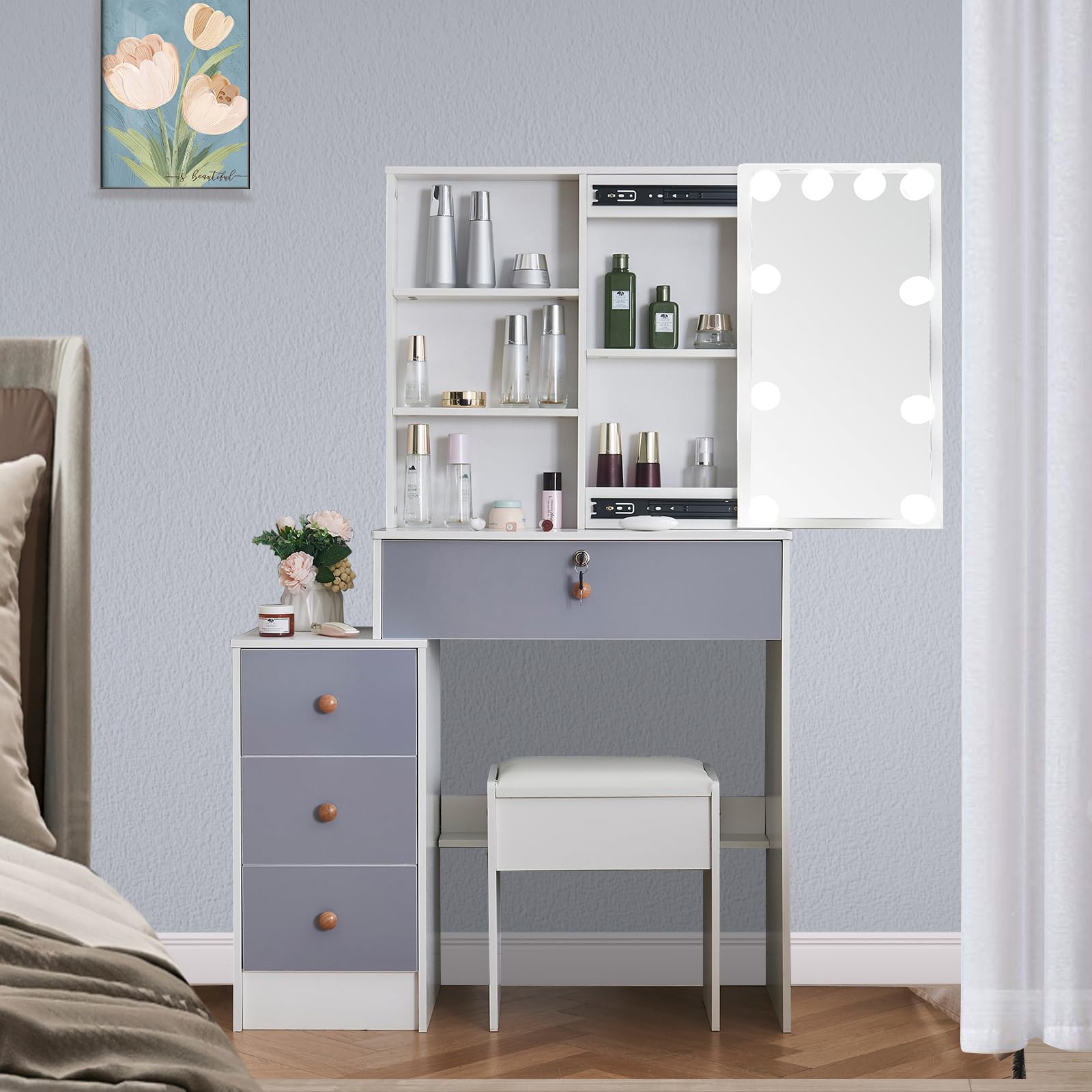 Logimiz Vanity Desk with Mirror and Lights, Makeup Vanity Table with 3 Color and Brightness Adjustable, Girls Makeup Vanity with Stool and Drawers for Bedroom
