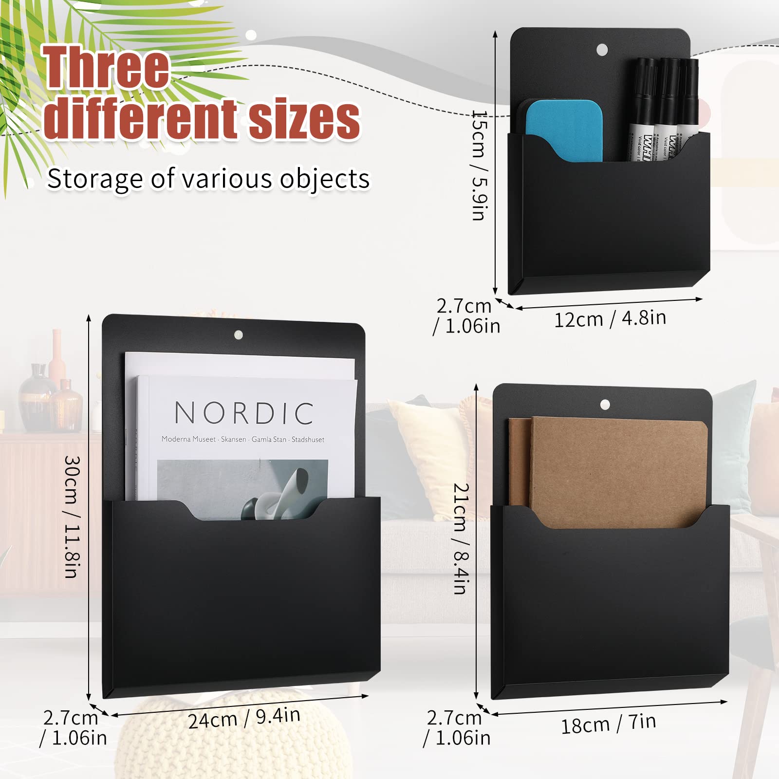 Patelai 3 Pcs Magnetic Wall File Holder Refrigerator Magnetic Locker Mail Organizer Wall Mount for File Cabinets Paper Magazine Pockets Storage Office(Multi Size,Black)