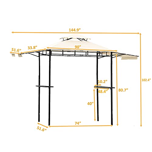 Morhome 12ft.lx4.3ft.w Iron Double Tiered Backyard Patio BBQ Grill Gazebo with Bar Counters Beige Modern Contemporary Polyester