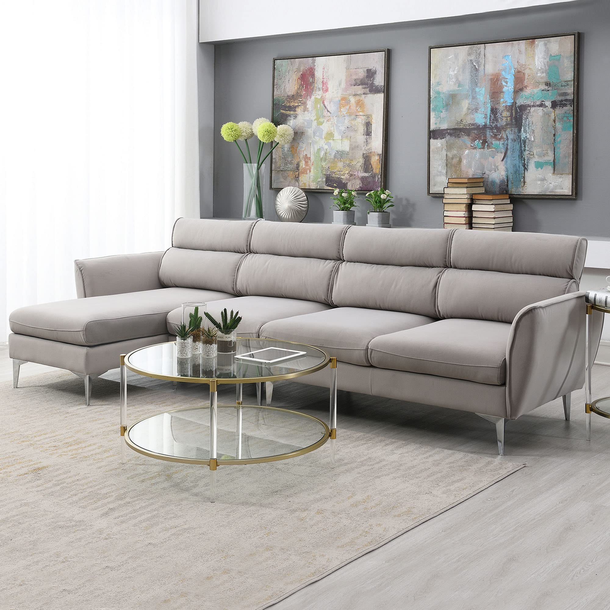 Bellemave L-Shape Sofa Convertible Sectional Sofa Couch with Chaise Left/Right Handed Chaise, High Backrest Sectional Sofa, Flannel Upholstered Couch for Living Room (Grey)