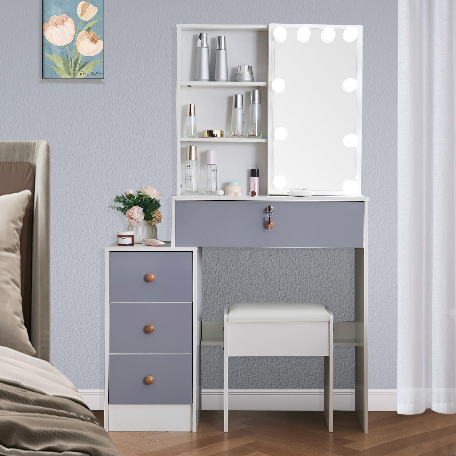 Logimiz Vanity Desk with Mirror and Lights, Makeup Vanity Table with 3 Color and Brightness Adjustable, Girls Makeup Vanity with Stool and Drawers for Bedroom