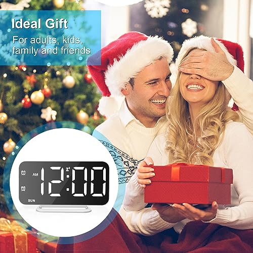 Slim LED Digital Alarm Clock, Mirror Surface for Makeup, with Diming, Large Display, Easy Setting, USB Ports, Modern Decor for Bedroom, Desk, Christmas, Birthday Gift for Women, Daughter, Girl, White