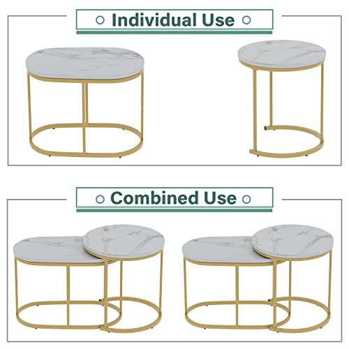VILAWLENCE Nesting Coffee Table Set of 2 Modern Round White Marble Wood Table,Side Table Gold Metal Frame Oval